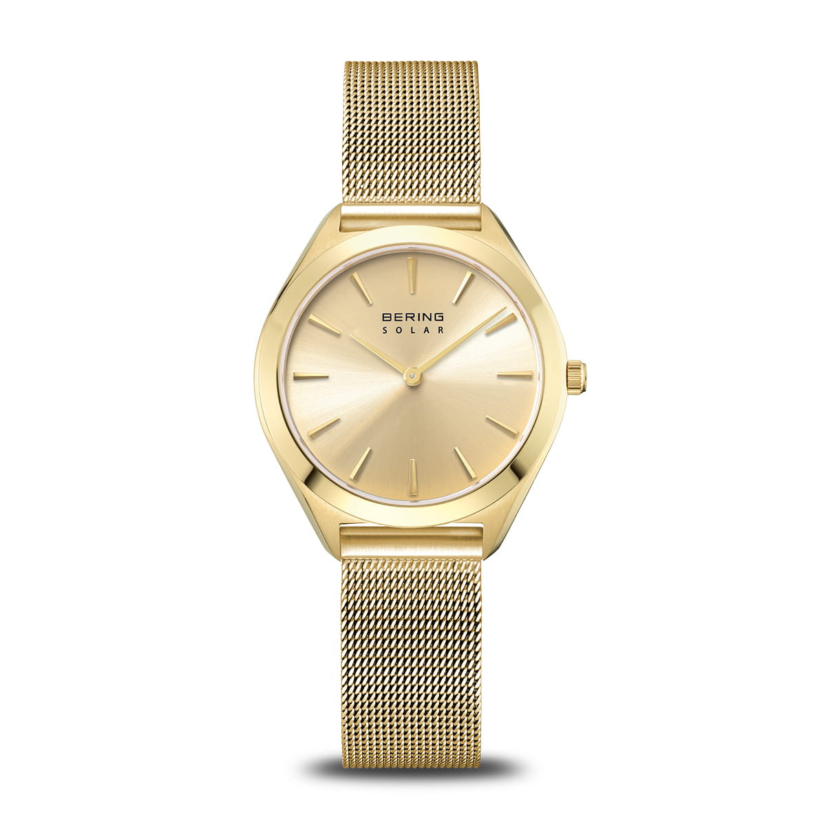 Bering Solar Yellow Gold Plated Round Champagne Dial Mesh Bracelet Wat ...