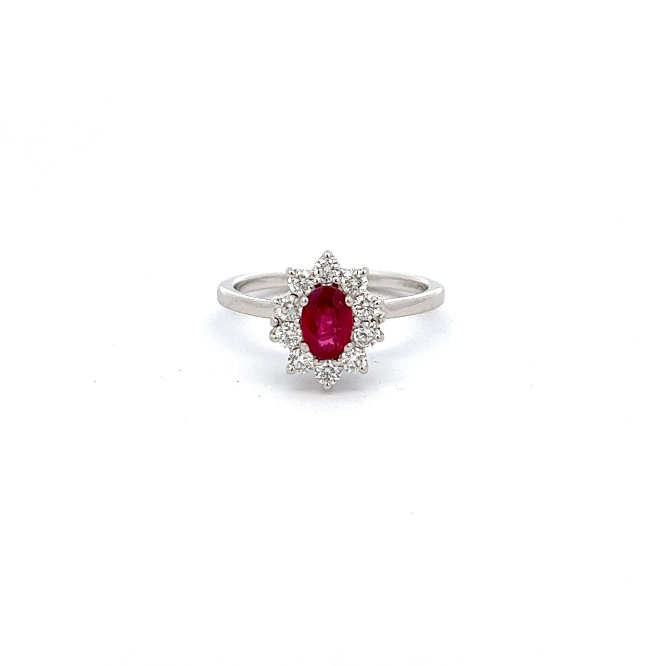18ct White Gold Ruby and Diamond Cluster Ring – Judith Hart Jewellers